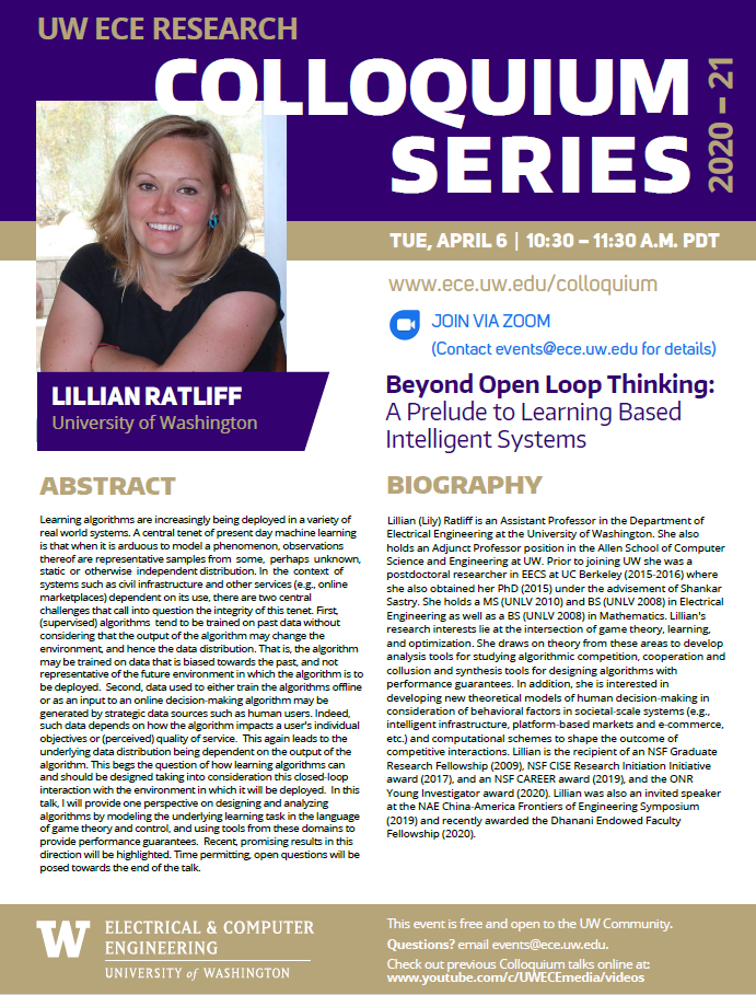 Colloquium speaker: Lillian Ratliff, University of Washington – 4/6, 10 ...